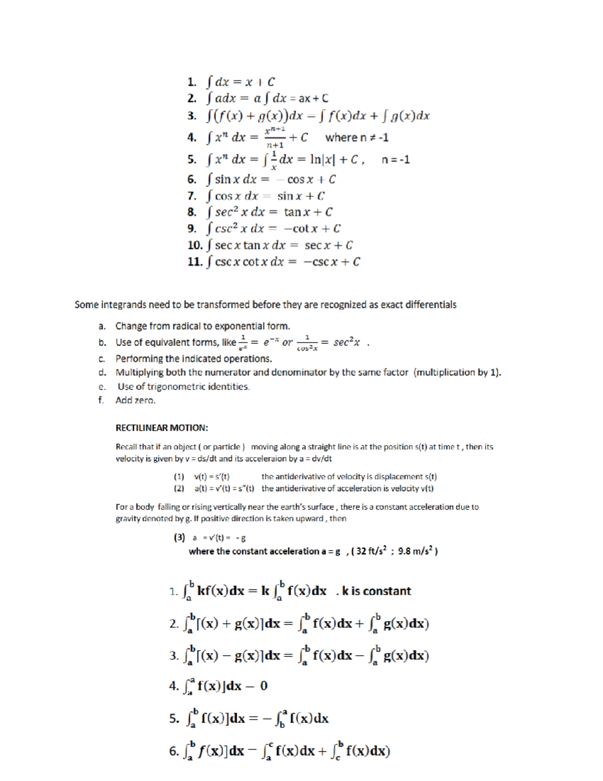 Calc Formula - 1. 2. 3. 4. 5. 6. s in x dx cosx C 7. cos x dx sinx C 8 ...