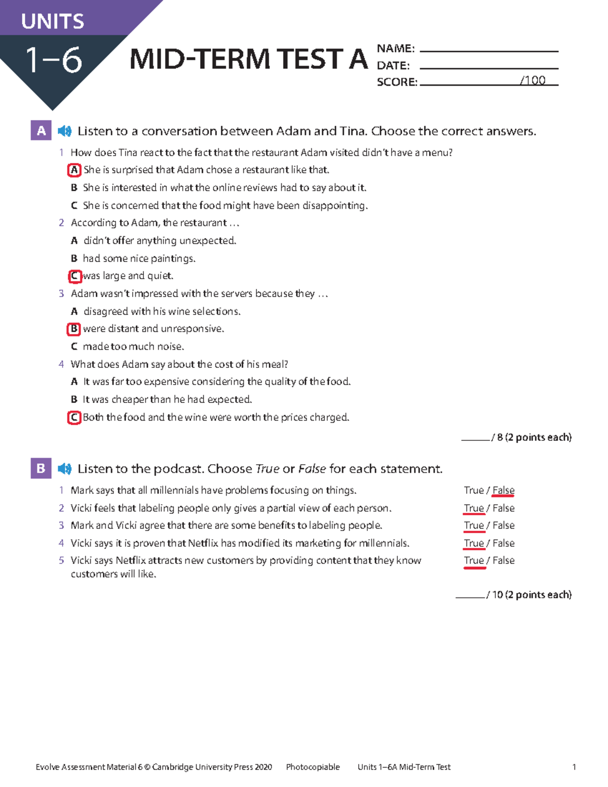 Mid Term Units 1-6 A - Evolve Test - 1–6 MID-TERM TEST A UNITS NAME ...
