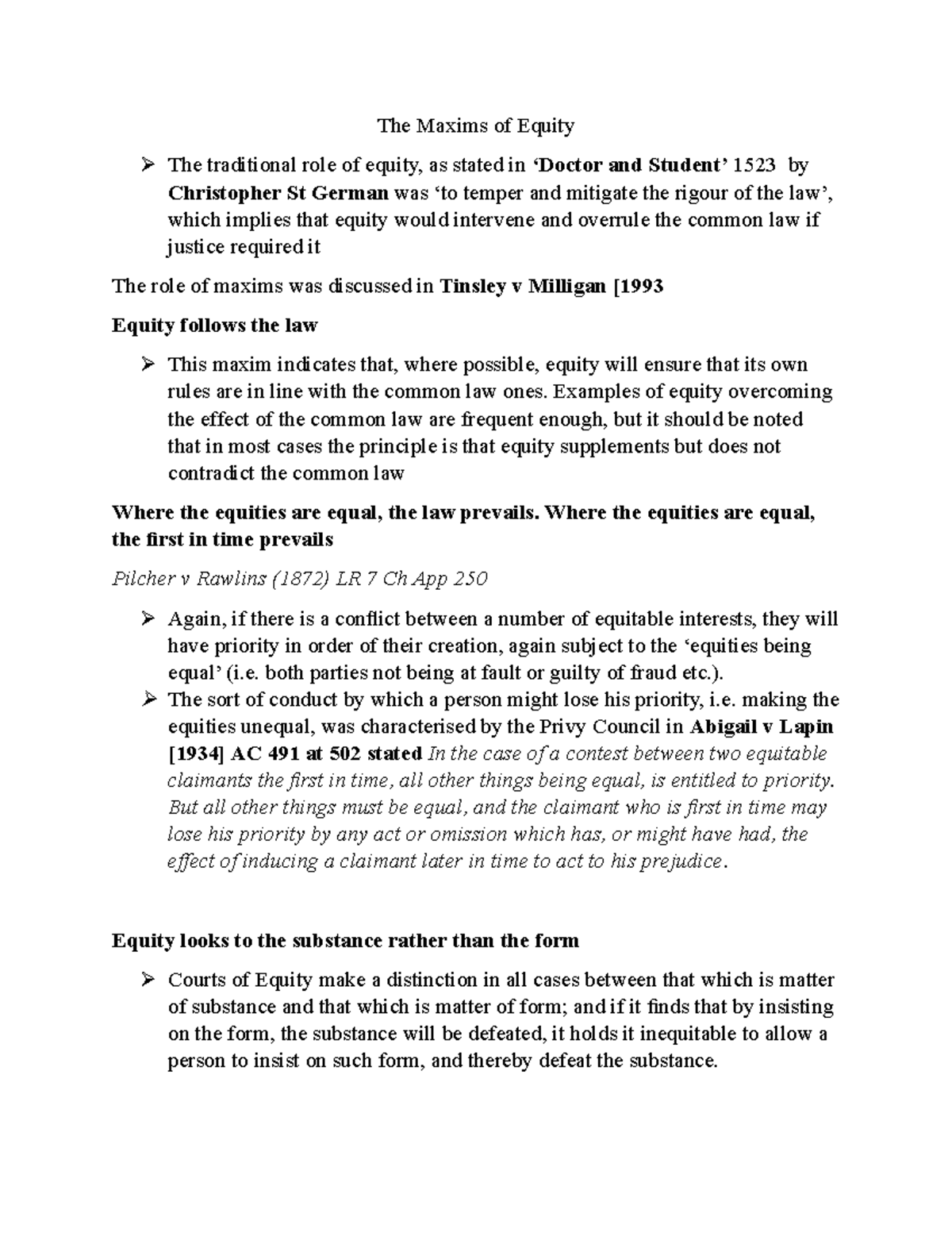 Equity and Trust Notes - The Maxims of Equity The traditional role of ...