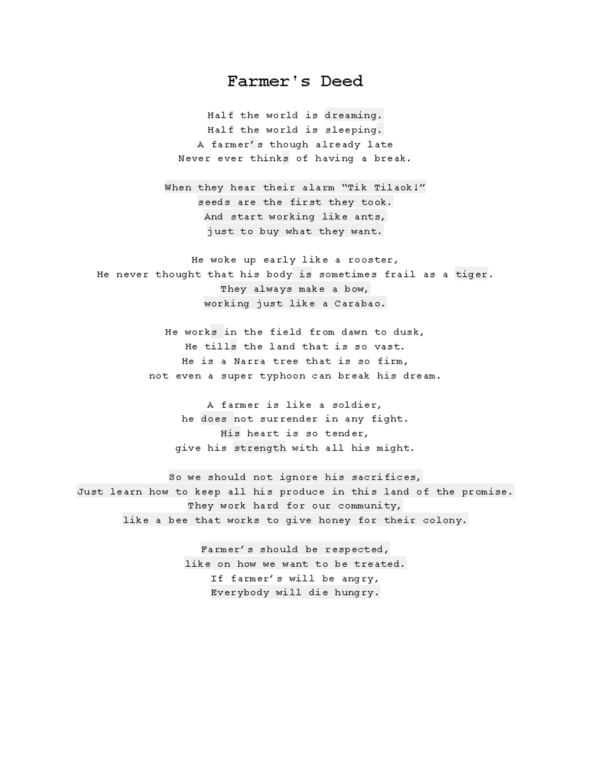 Poem- Farmer's Deed - Farmer's Deed Half the world is dreaming. Half ...