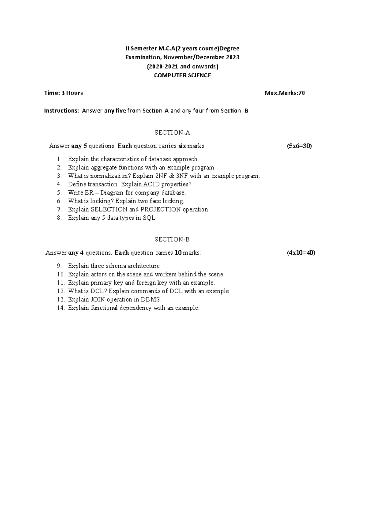 Ii Semester Mca Dbms Dbms Question Ppaer Ii Semester Mc2 Years
