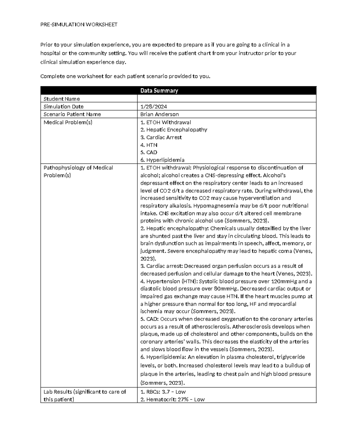 Pre Simulation Worksheet - Prior to your simulation experience, you are expected to prepare as ...