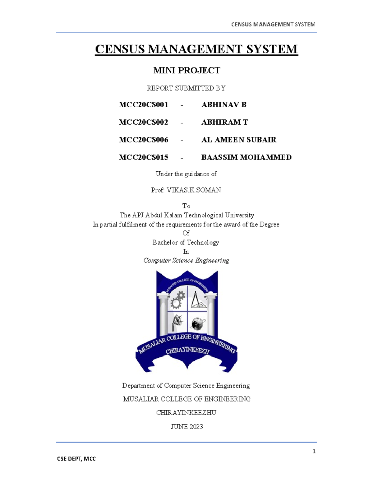 Report GP1 - 1 CENSUS MANAGEMENT SYSTEM MINI PROJECT REPORT SUBMITTED ...