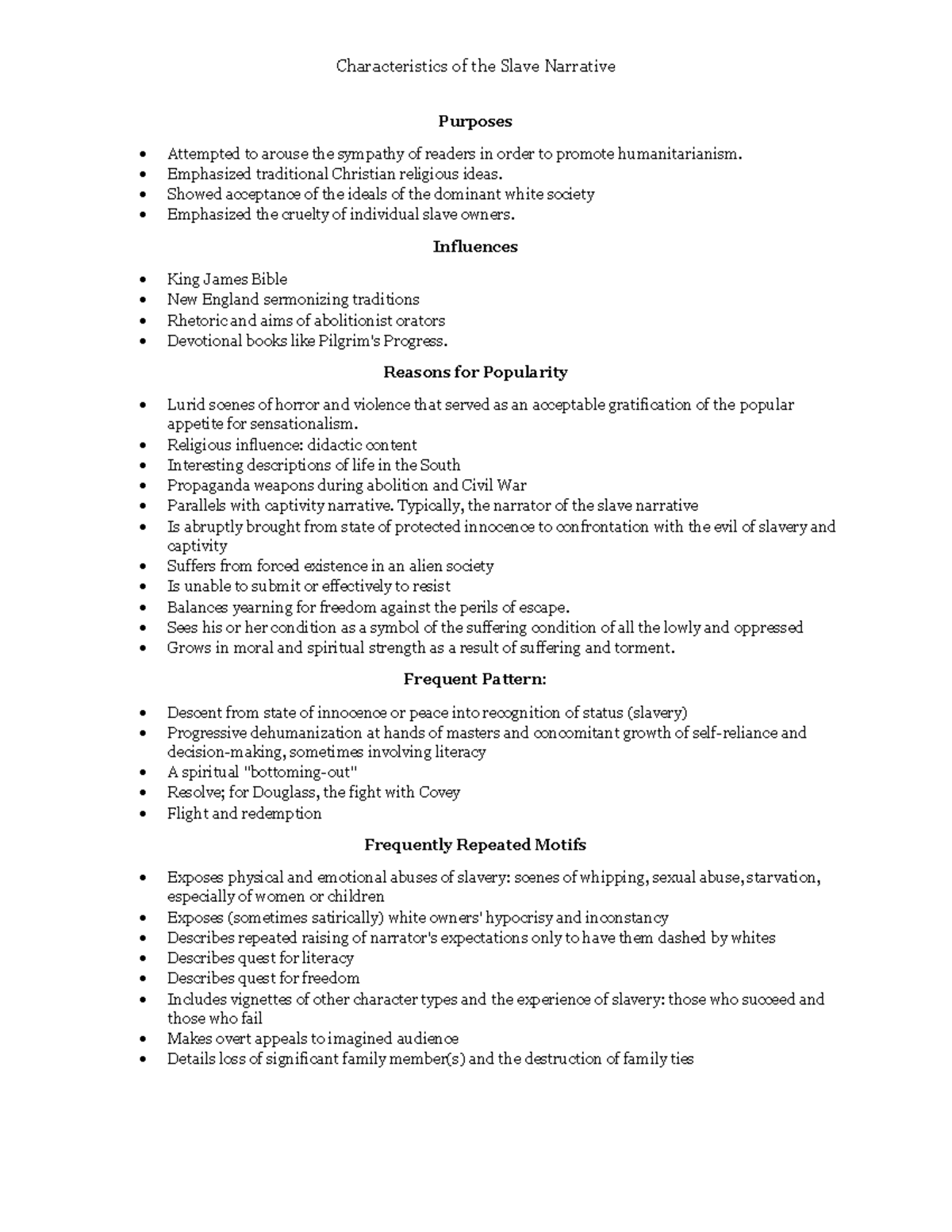 Characteristics Of A Slave Narrative Characteristics Of The Slave Narrative Purposes Attempted