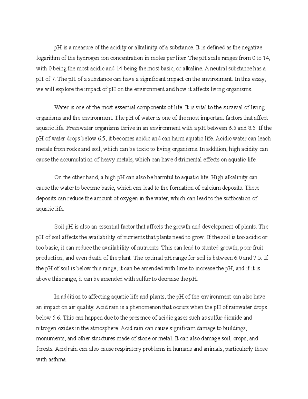 The Impact of p H on the Environment - Essay - pH is a measure of the ...