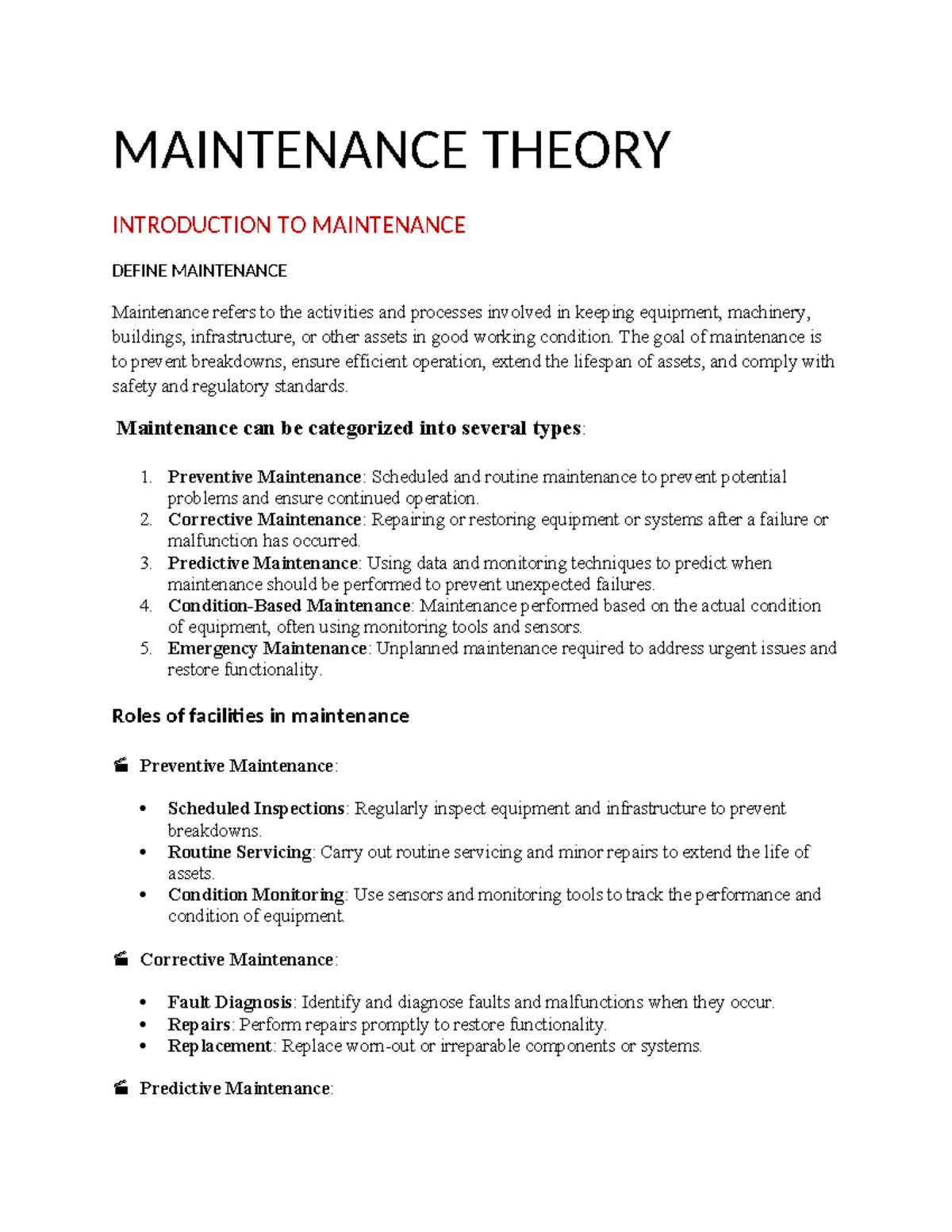 Notes - ggg - MAINTENANCE THEORY INTRODUCTION TO MAINTENANCE DEFINE ...