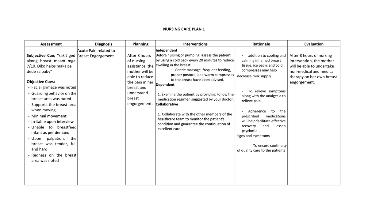 NCP1 - nursing care plan - NURSING CARE PLAN 1 Assessment Diagnosis Planning Interventions ...