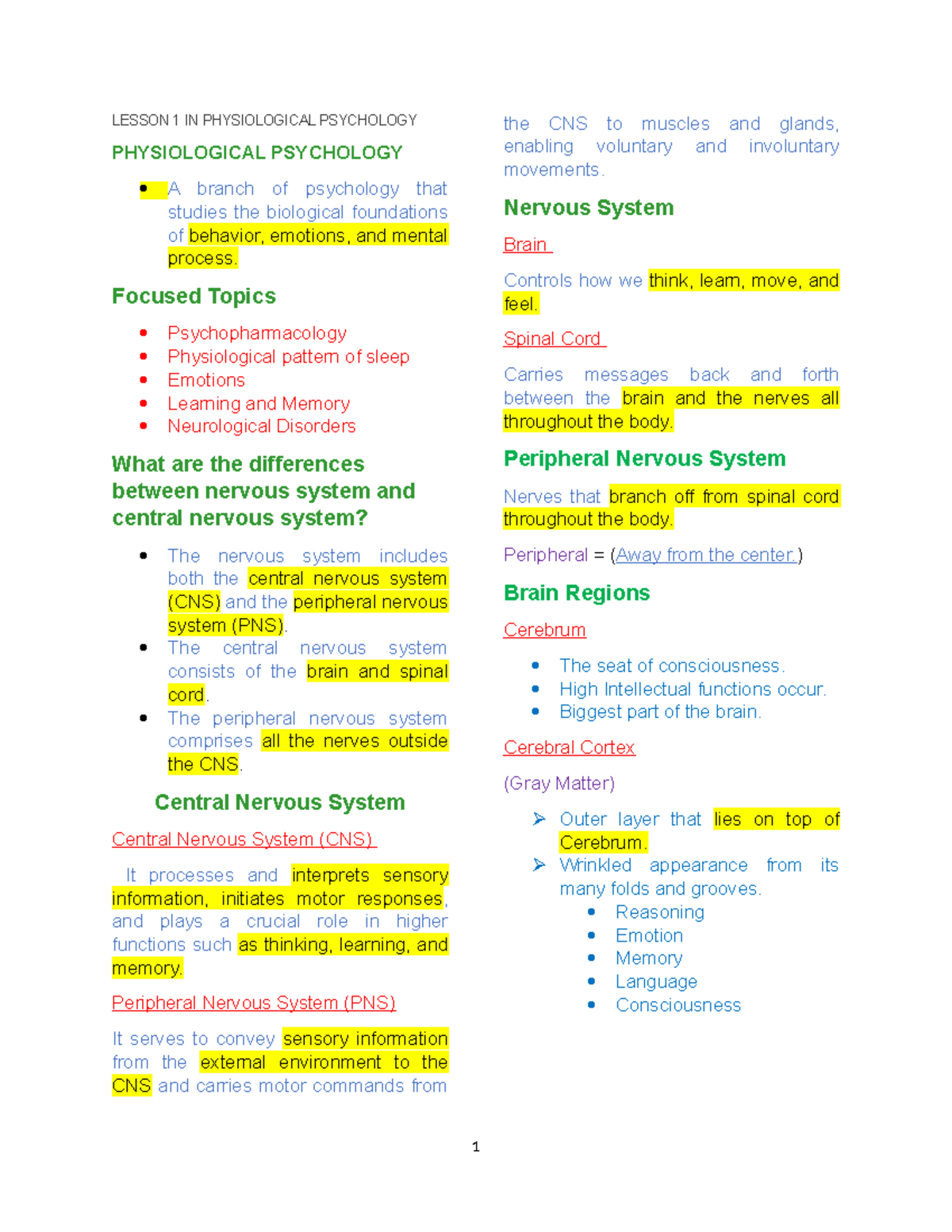 Notes in Physiology - LESSON 1 IN PHYSIOLOGICAL PSYCHOLOGY ...