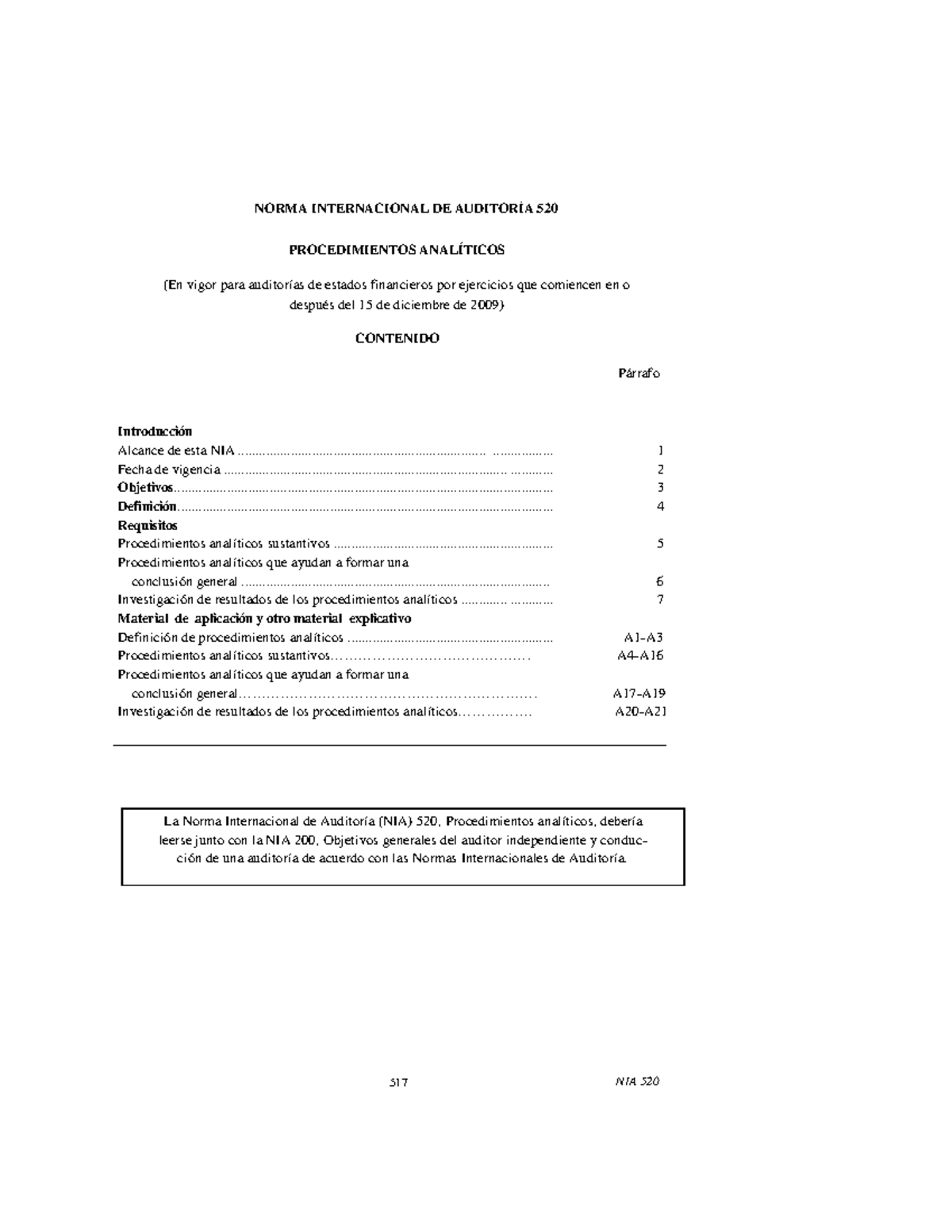 NIA 520 - apuntes - NORMA INTERNACIONAL DE AUDITORÍA 520 PROCEDIMIENTOS ...