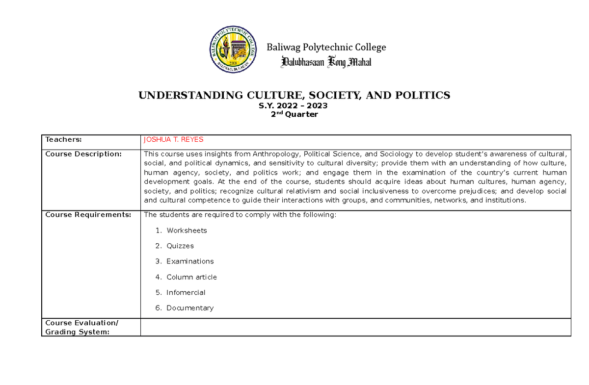 Curriculum map in UCSP - FOR EDUCATIONAL PURPOSES ONLY - UNDERSTANDING ...