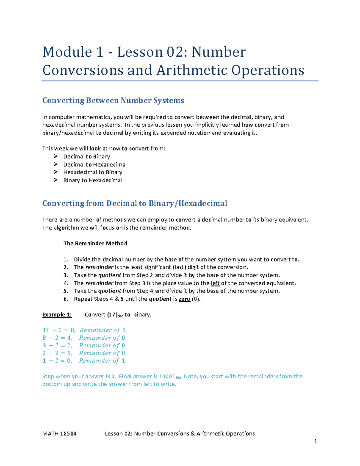 Lesson 1-02 - Number Conversions and Arithmetic Operations - Module 1 ...