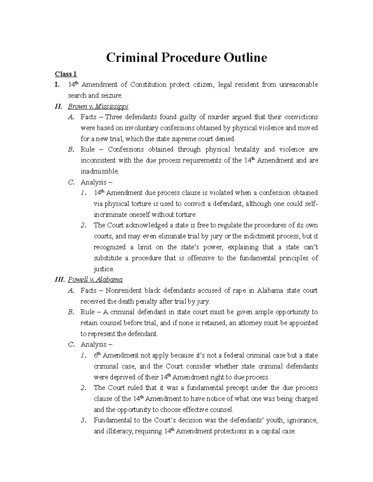 Criminal Procedure Outline - Criminal Procedure Outline Class 1 I. 14 ...