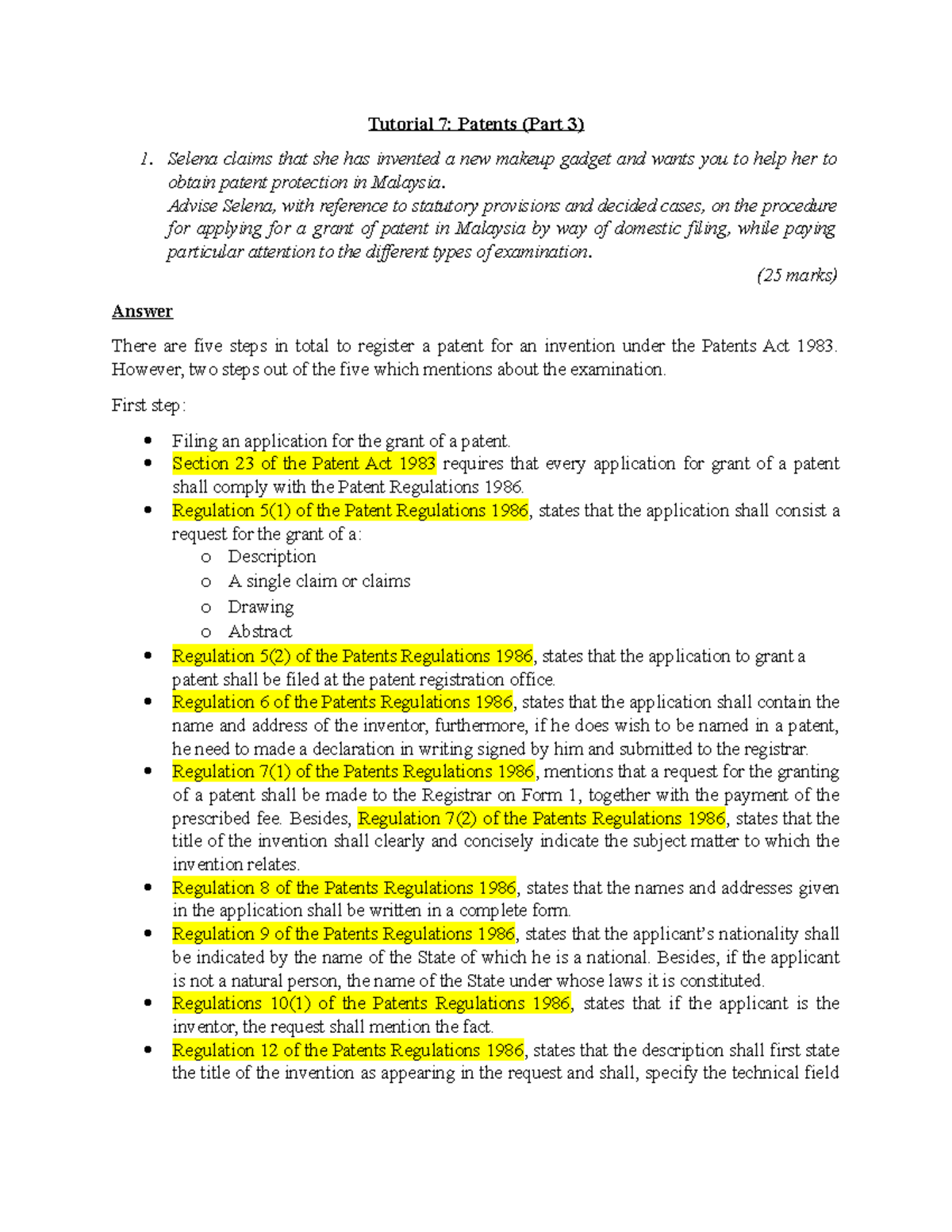 Tutorial 7 Intellectual Property Law Answer - Tutorial 7: Patents (Part ...