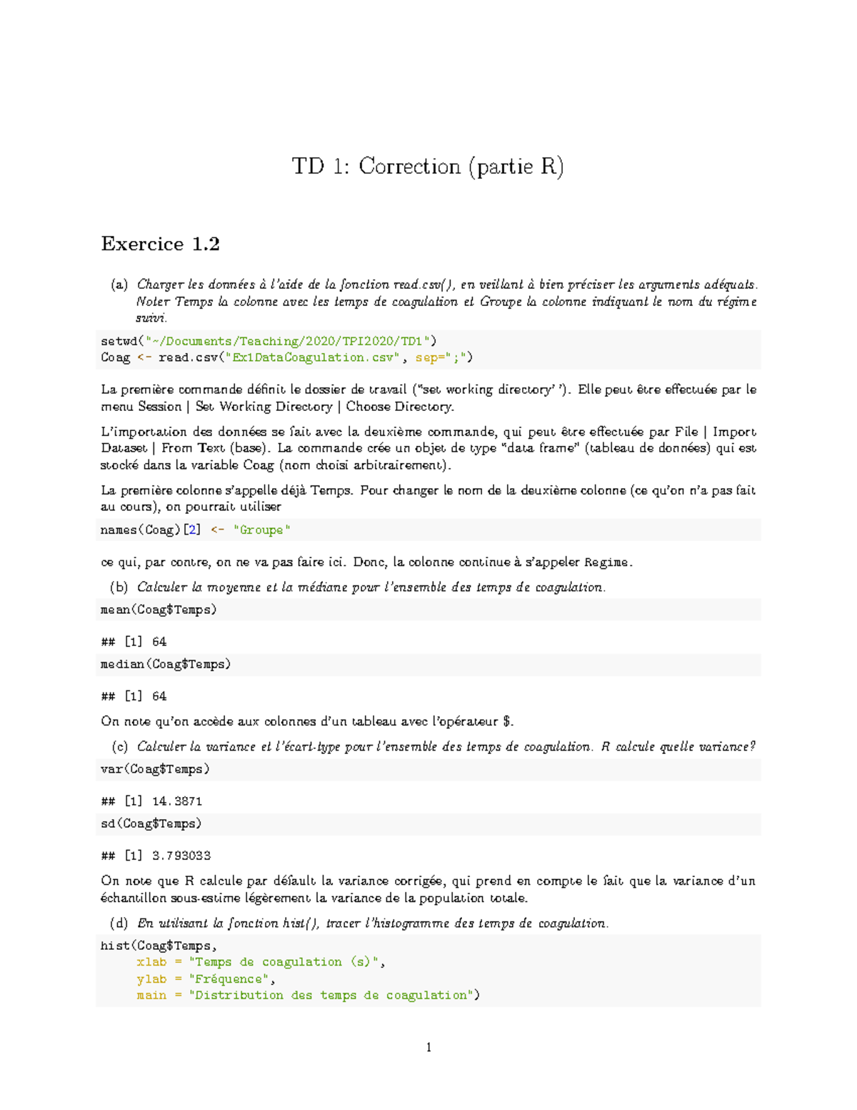 TD1 correction Tp intégré - TD 1: Correction (partie R) Exercice 1. (a ...