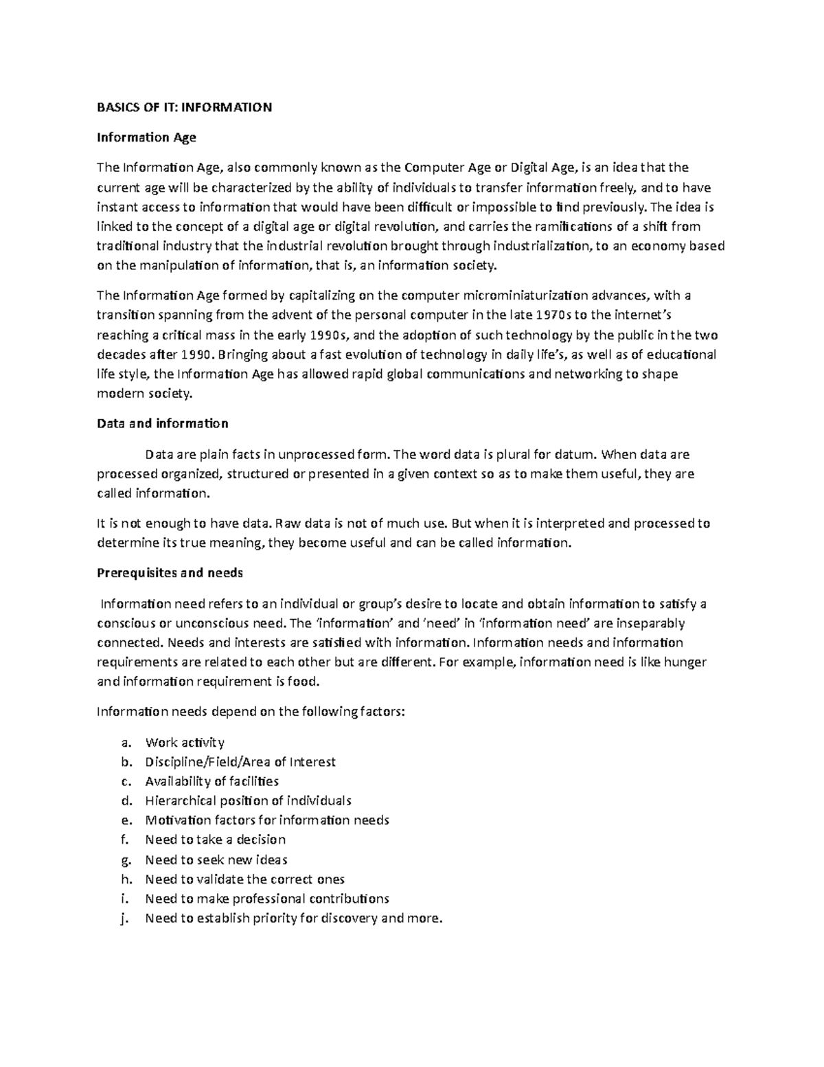 Basic of it information - BASICS OF IT: INFORMATION Information Age The ...
