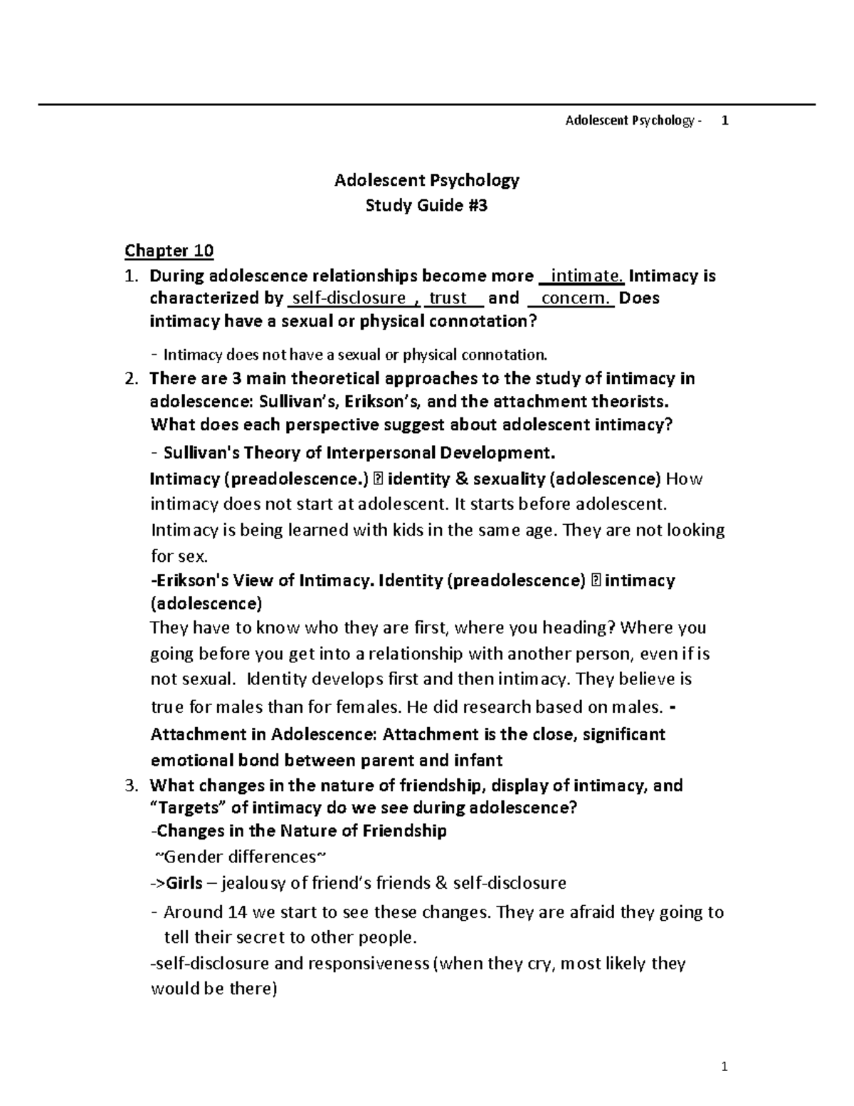 Study Guide 3 answers - Adolescent Psychology Study Guide # Chapter 10 ...