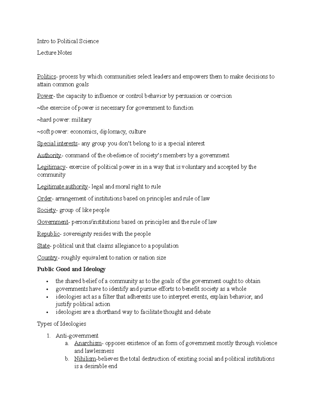 Politics lecture notes - Intro to Political Science Lecture Notes ...