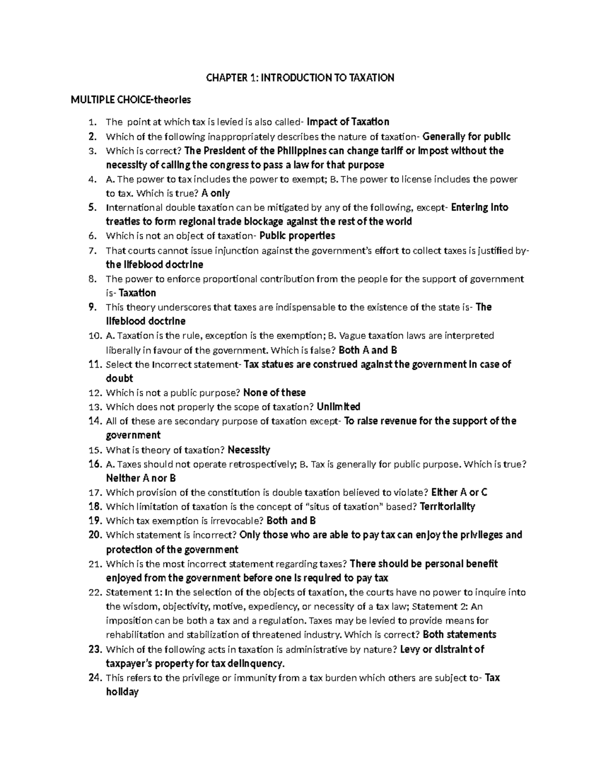 Tax - taxation questions - CHAPTER 1: INTRODUCTION TO TAXATION MULTIPLE ...