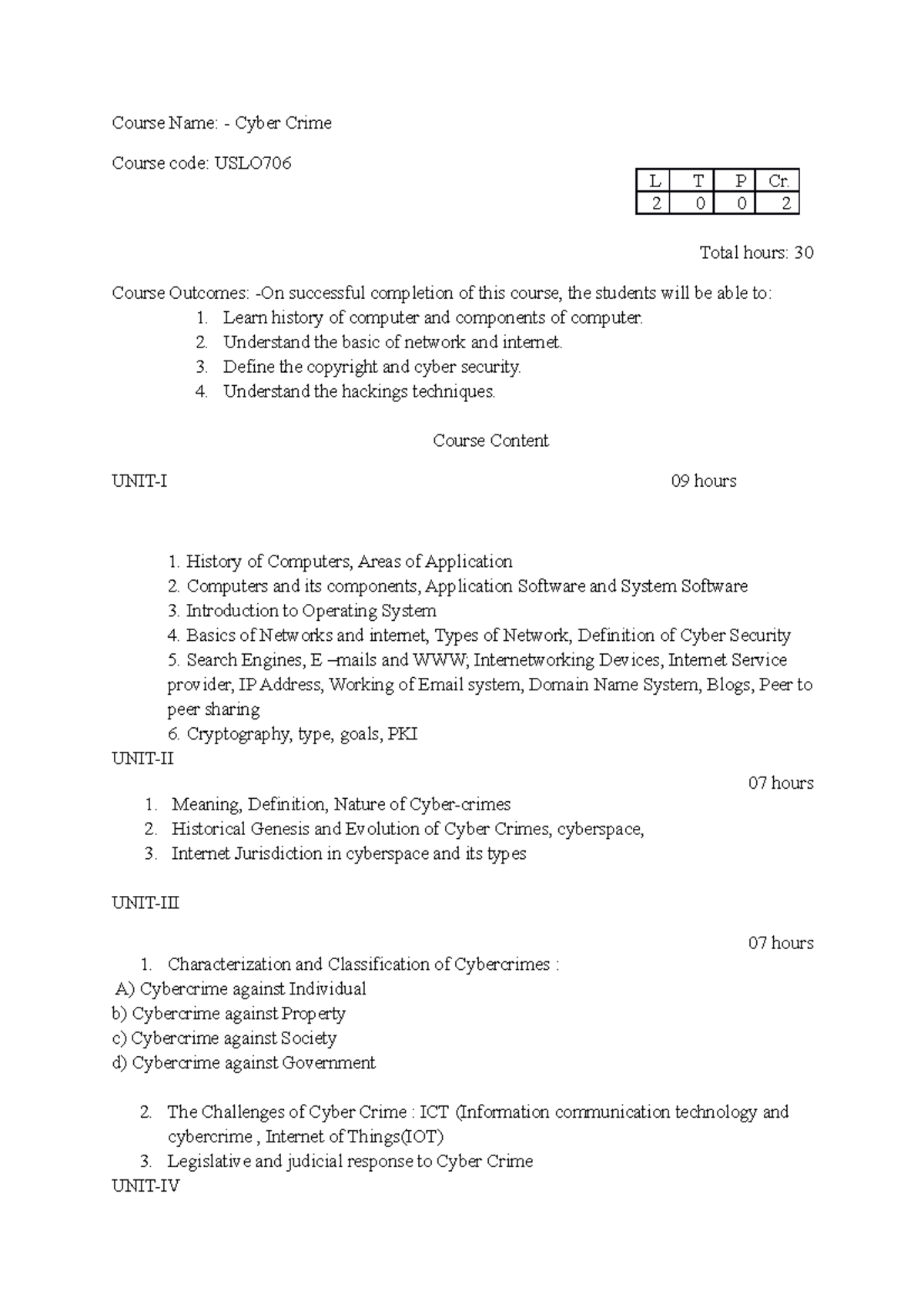 Cyber Crime syllabus - Course Name: - Cyber Crime Course code: USLO ...