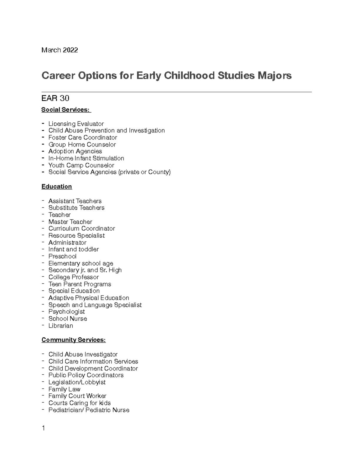 EAR 30- Career options for Early Childhood Studies Majors - March 2022 ...