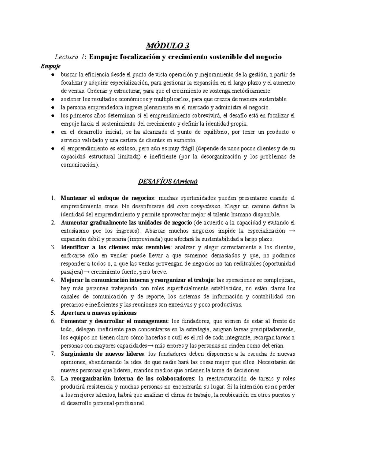 DE-M3 y 4 - Resumen m3 y m4 - MÓDULO 3 Lectura 1: Empuje: focalización y crecimiento sostenible ...