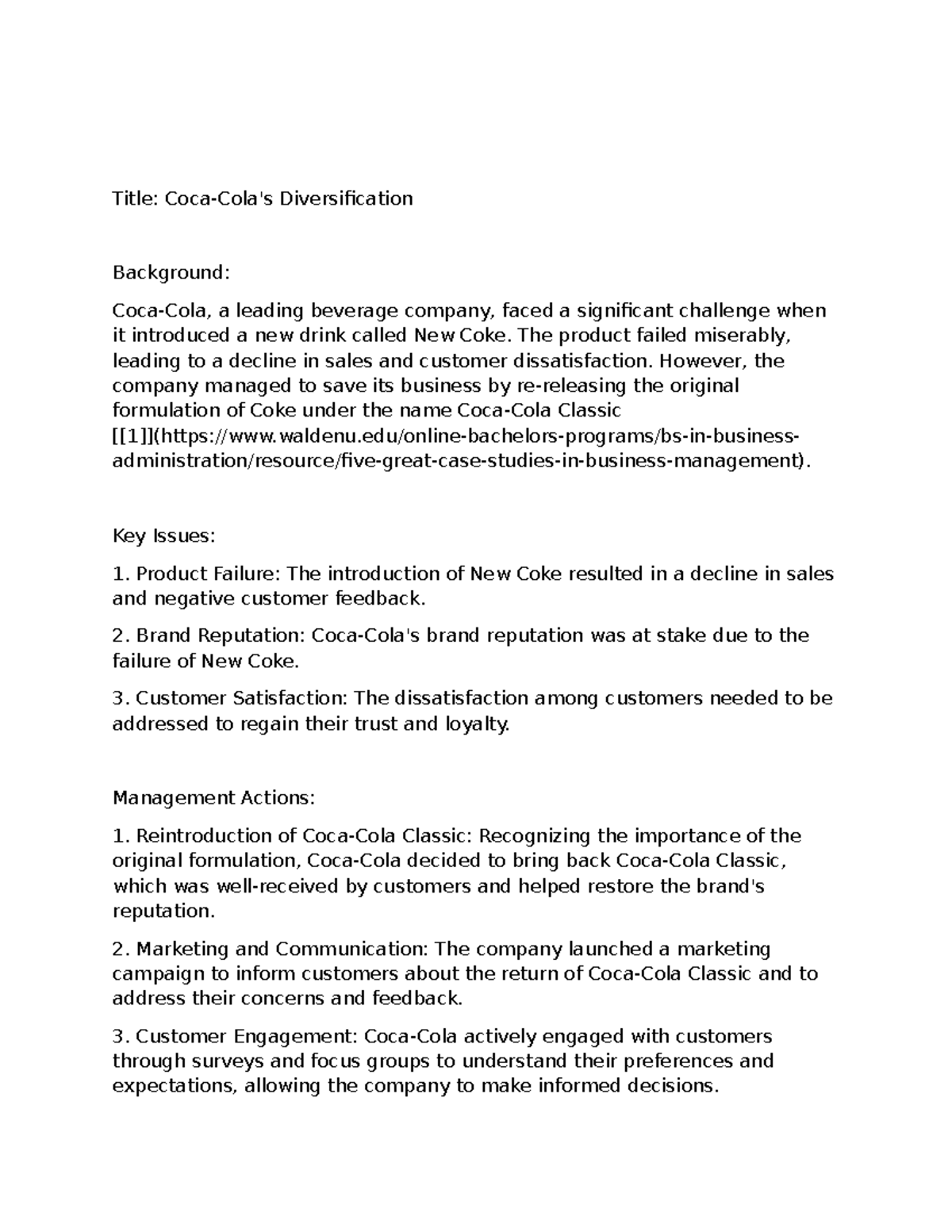 Coke study - Title: Coca-Cola's Diversification Background: Coca-Cola ...