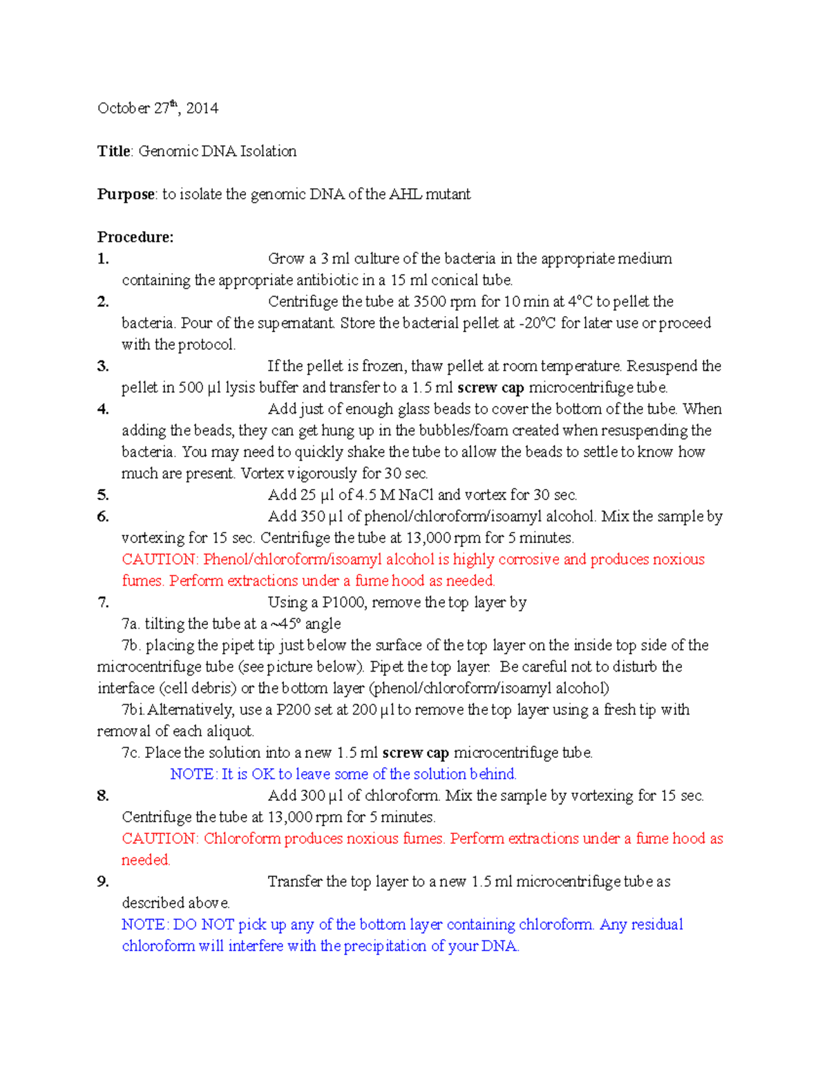 Genomic DNA Isolation - October 27th, 2014 Title: Genomic DNA Isolation ...