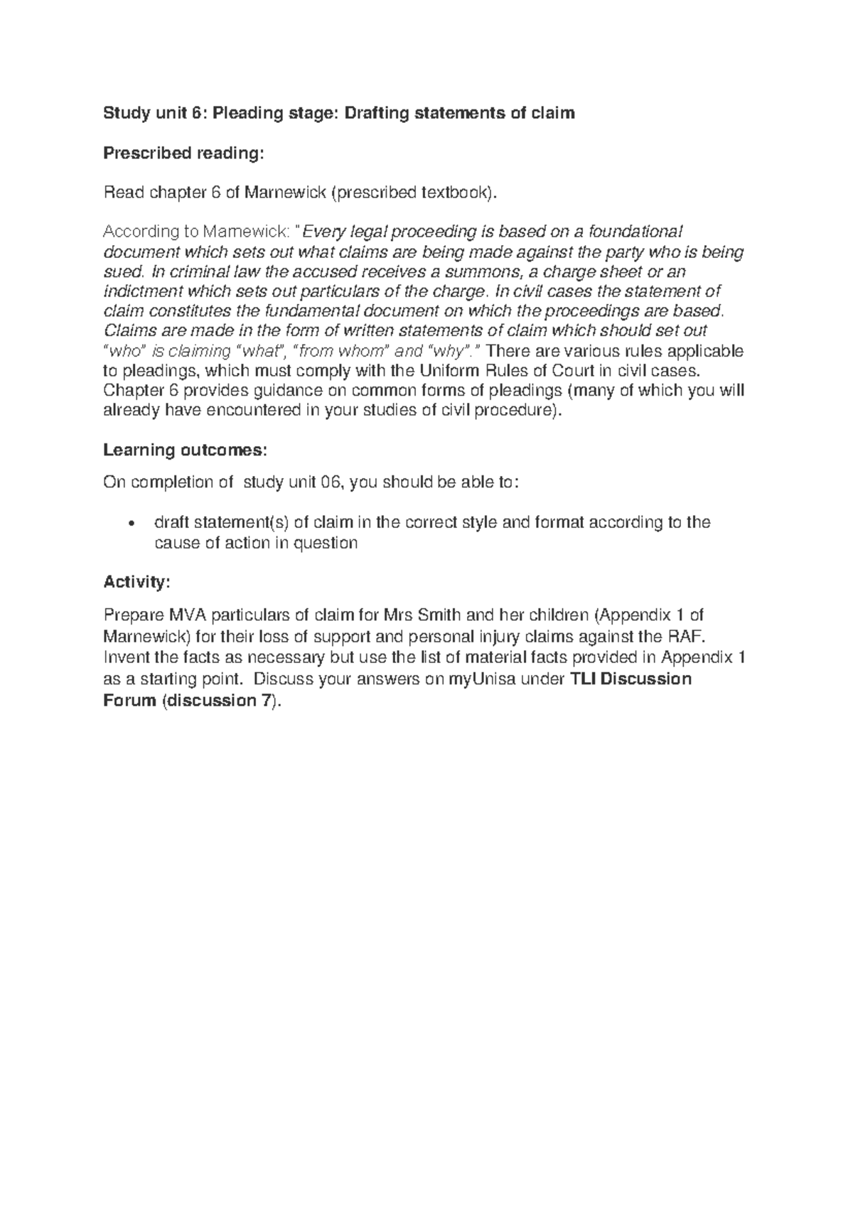Study unit 6 - Pleading stage - Drafting statements of claim - Study ...