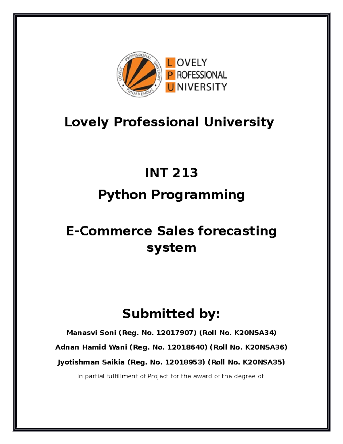 E commerce Sales Forecasting System - Lovely Professional University INT 213 Python Programming ...