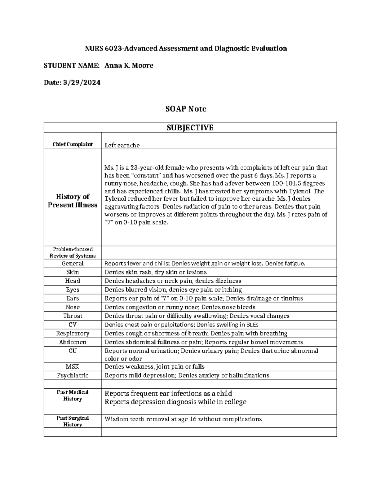 SOAP Note Final - SOAP - NURS 6023-Advanced Assessment and Diagnostic ...