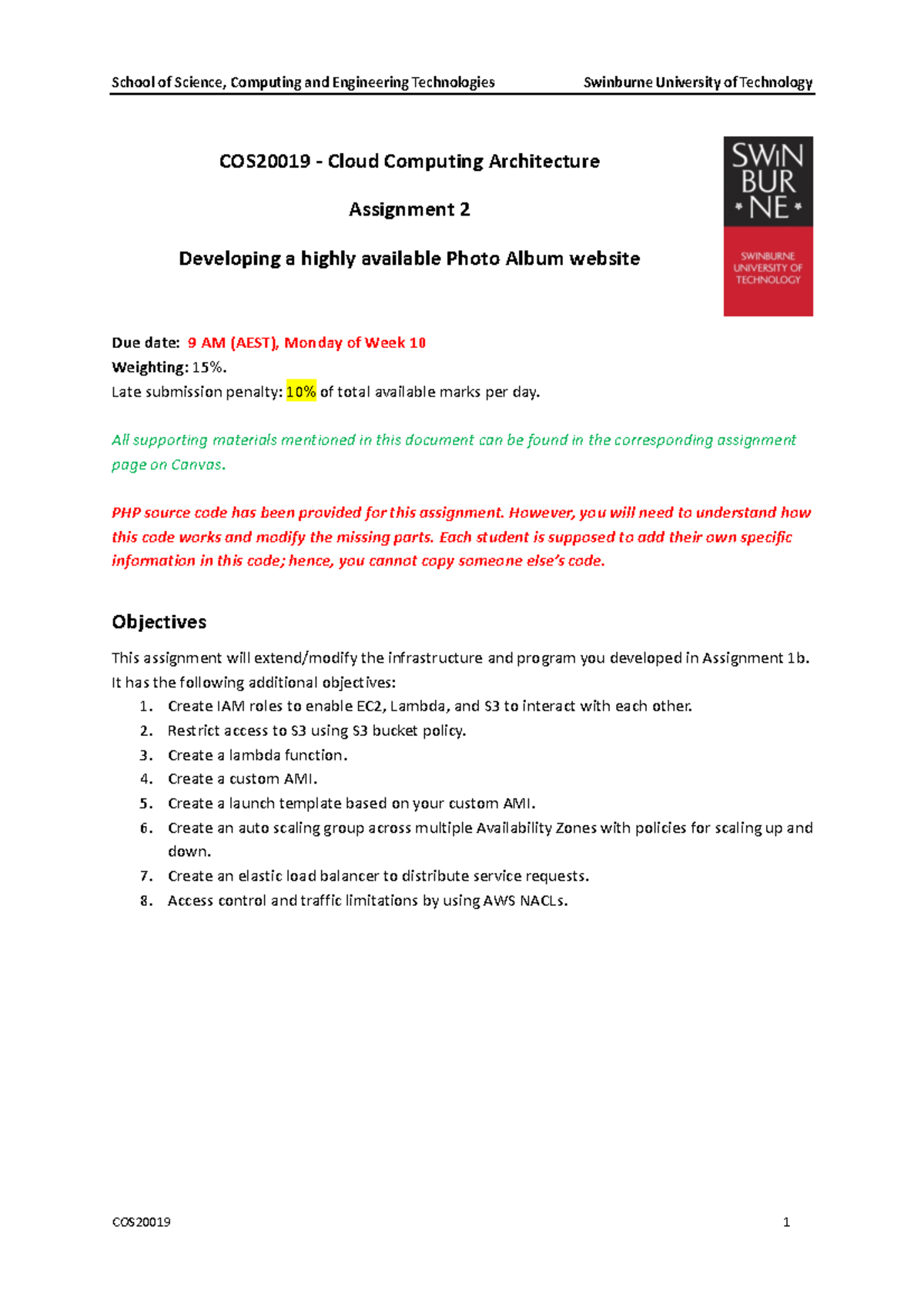 Assignment 2 UG v5 - COS20019 - Cloud Computing Architecture Assignment 2 Developing a highly ...