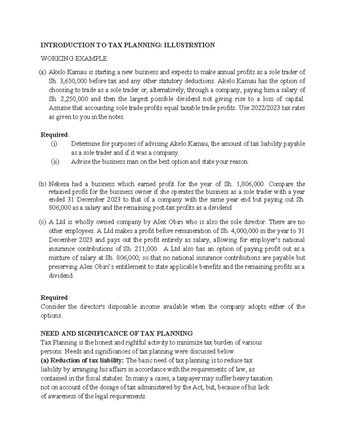 Introduction TO TAX Planning - Practical Illustrations - INTRODUCTION ...