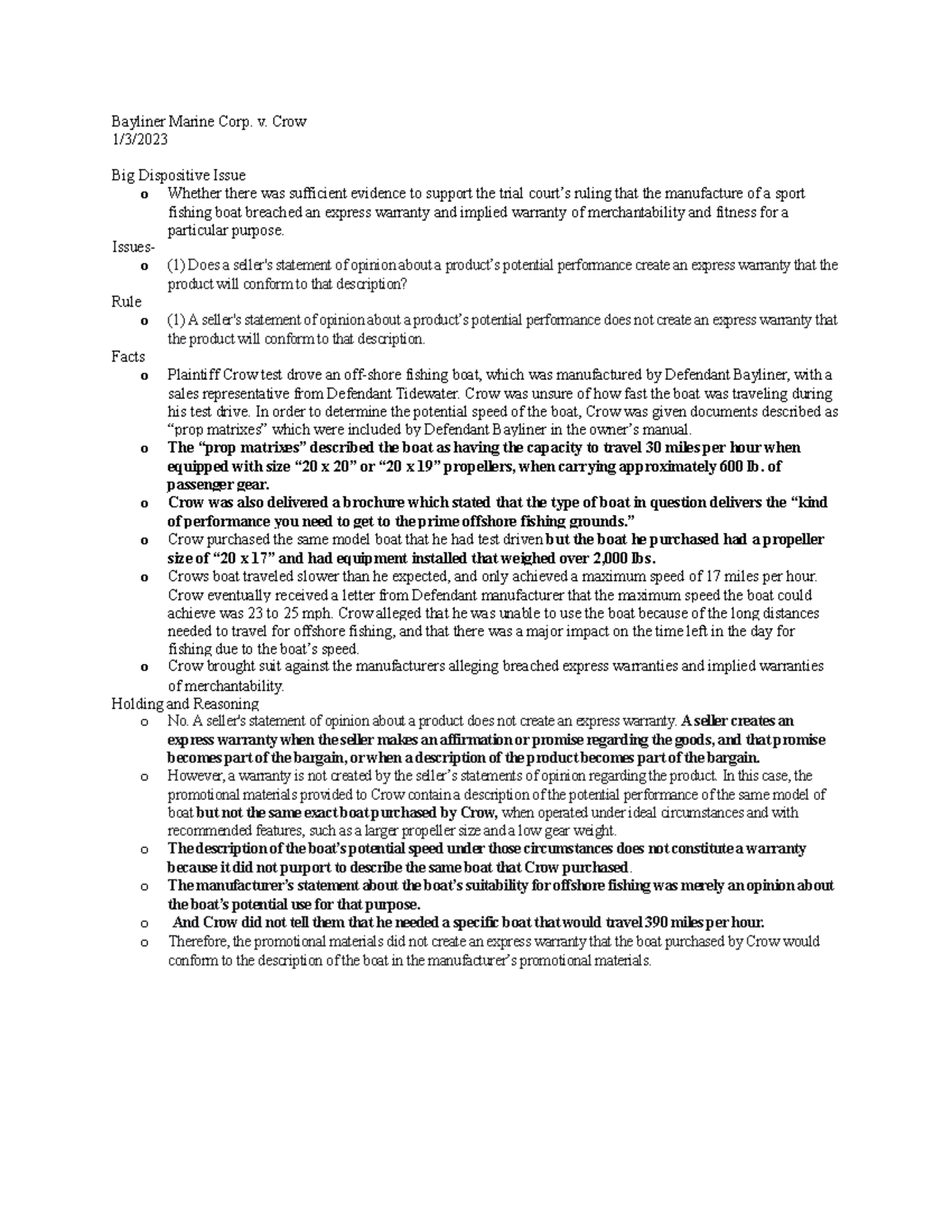 1:3 Bayliner Marine Corp Case Brief - Bayliner Marine Corp. v. Crow 1/3 ...