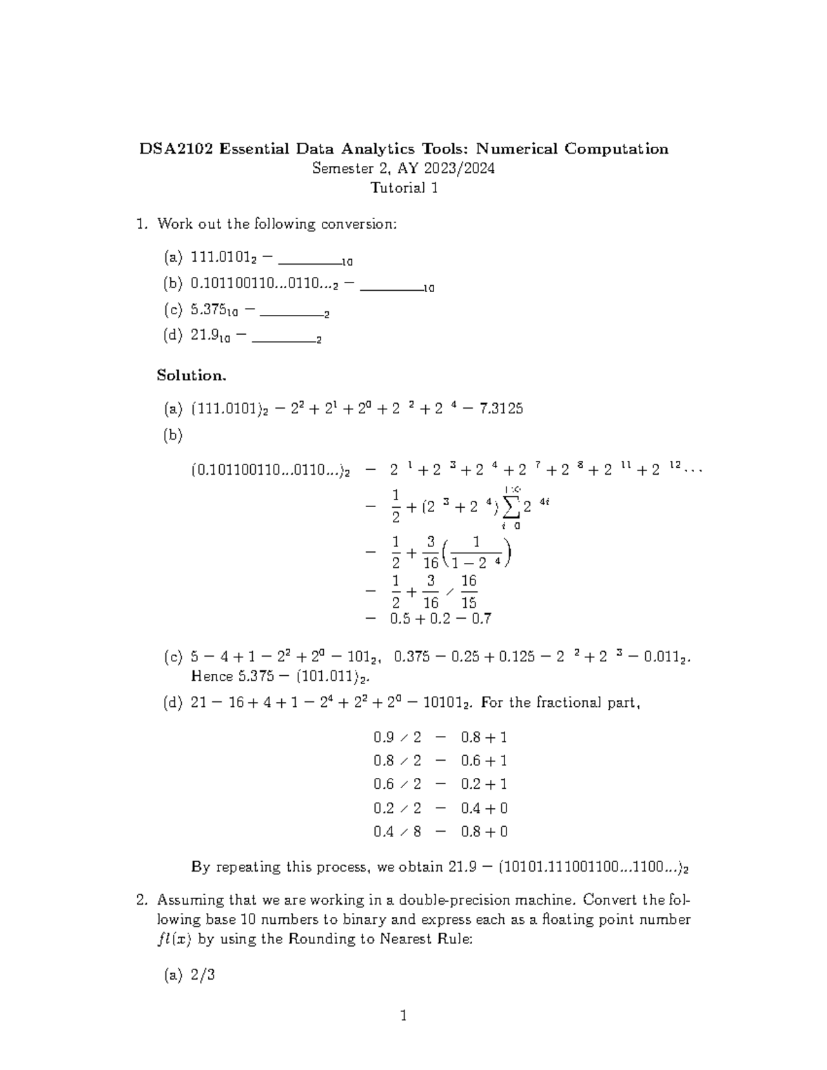 Tut1-solution - Essential Data Analytics Tools: Numerical Computation (DSA2102) - DSA2102 ...