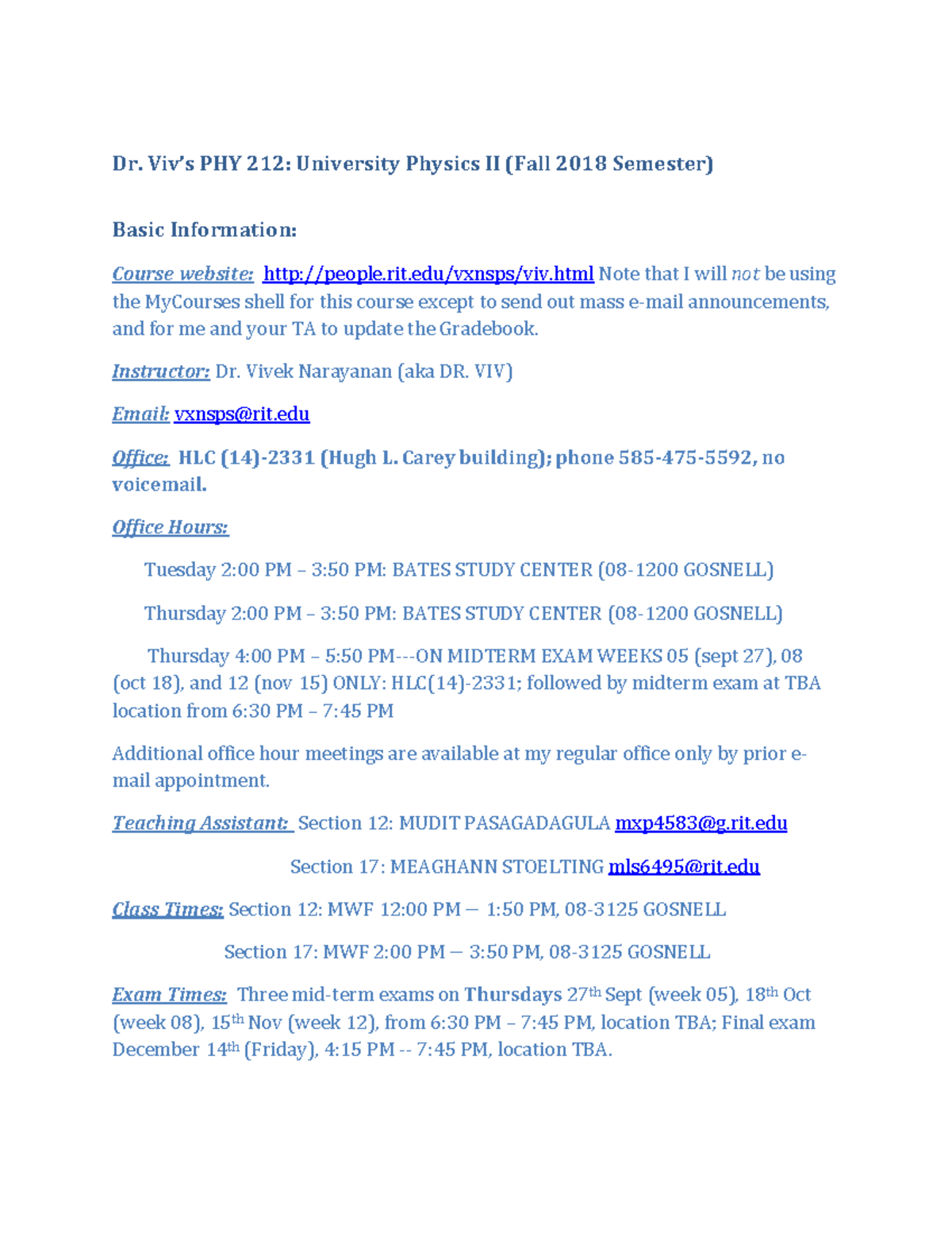 Syllabus UP 2fa18 - Dr. PHY 212: University Physics II (Fall 2018 ...