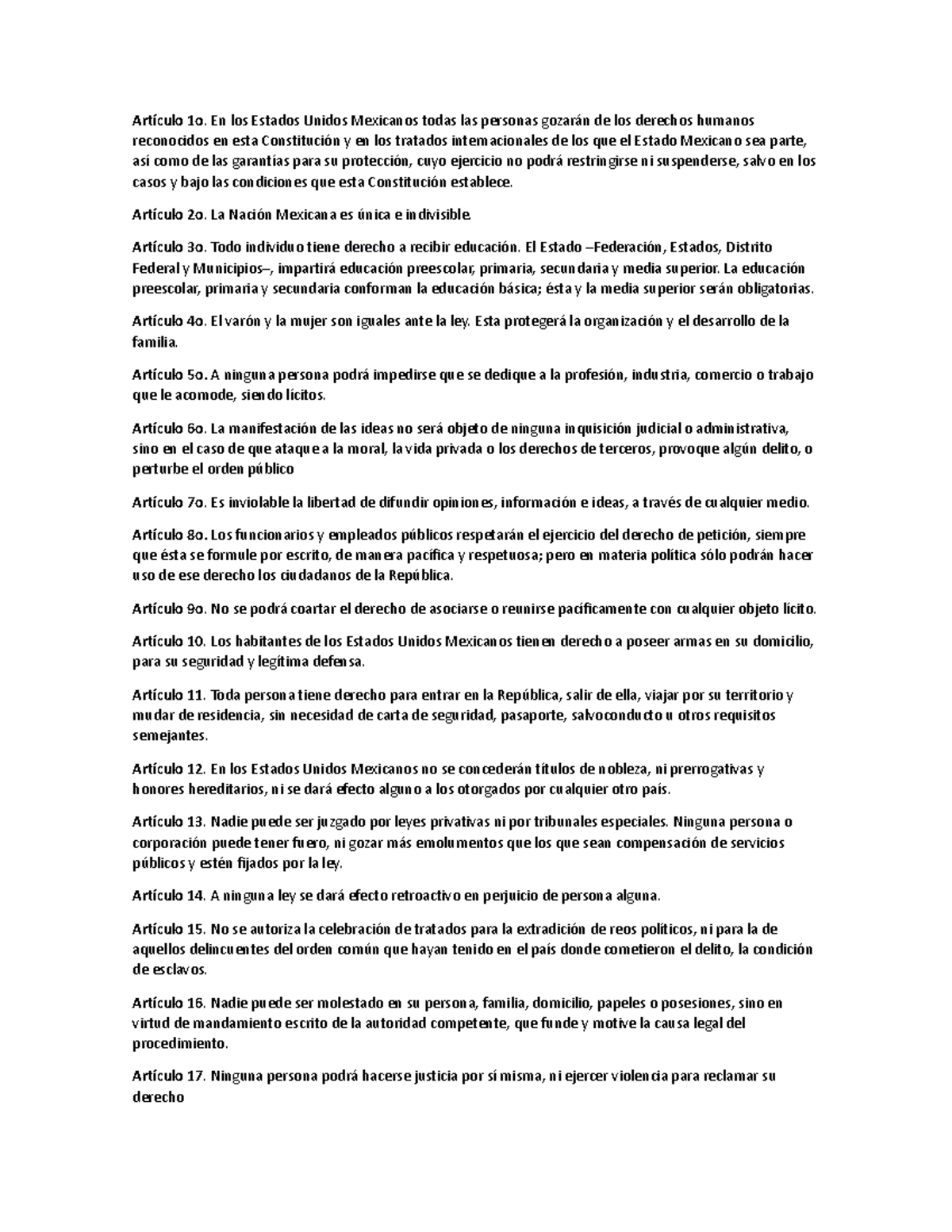 Artículos 1-29 - Art 1-29 constitución de México - Artículo 1o. En los ...