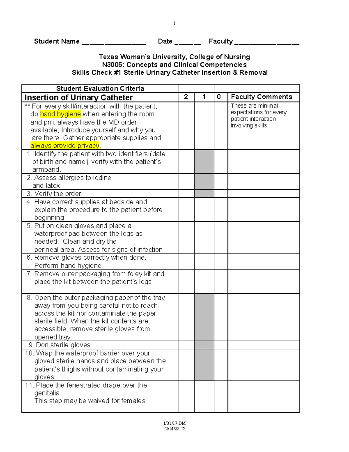 Skills check - Foley Insertion and Removal - 1 1/31/17 DM 12/14/22 TS ...