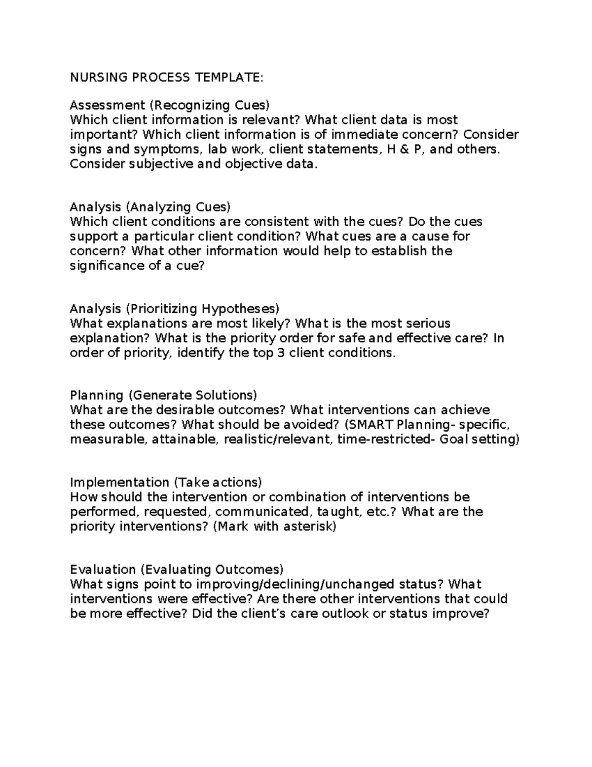 Guide map - NURSING PROCESS TEMPLATE: Assessment (Recognizing Cues ...