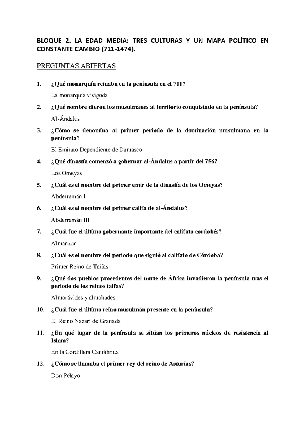 Preguntas Cortas TEMA 2 - corregido - BLOQUE 2. LA EDAD MEDIA: TRES ...