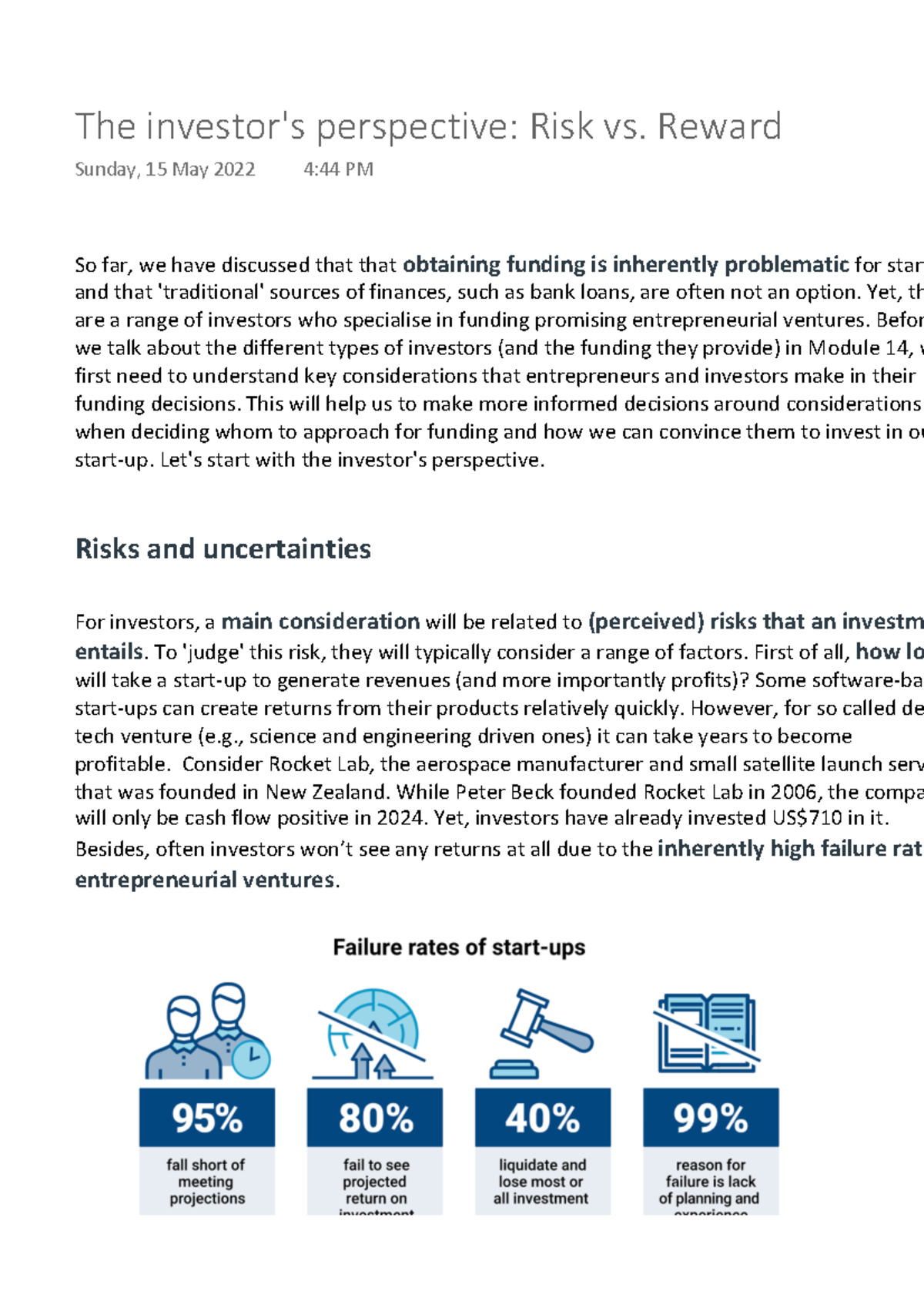 The investor's perspective Risk vs. Reward - So far, we have discussed ...