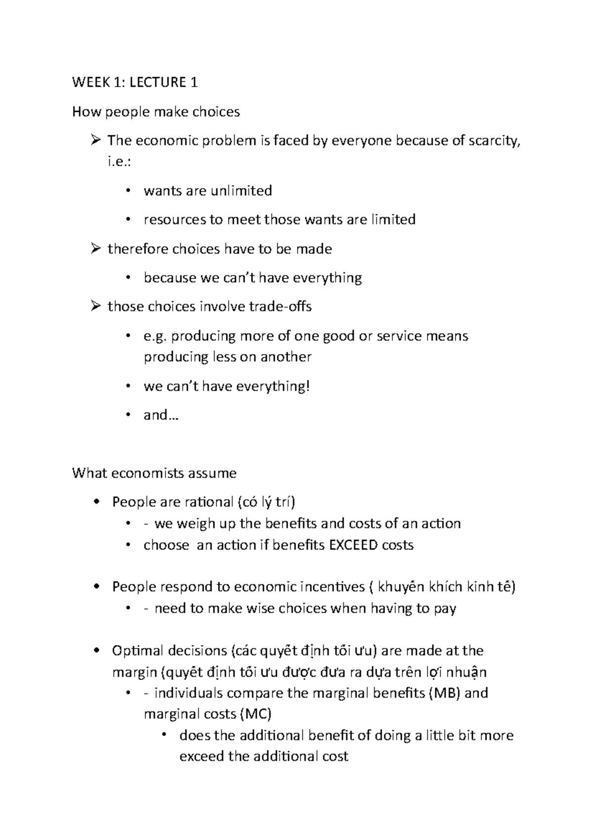 Weekly Sumary - Economics - WEEK 1: LECTURE 1 How people make choices ...