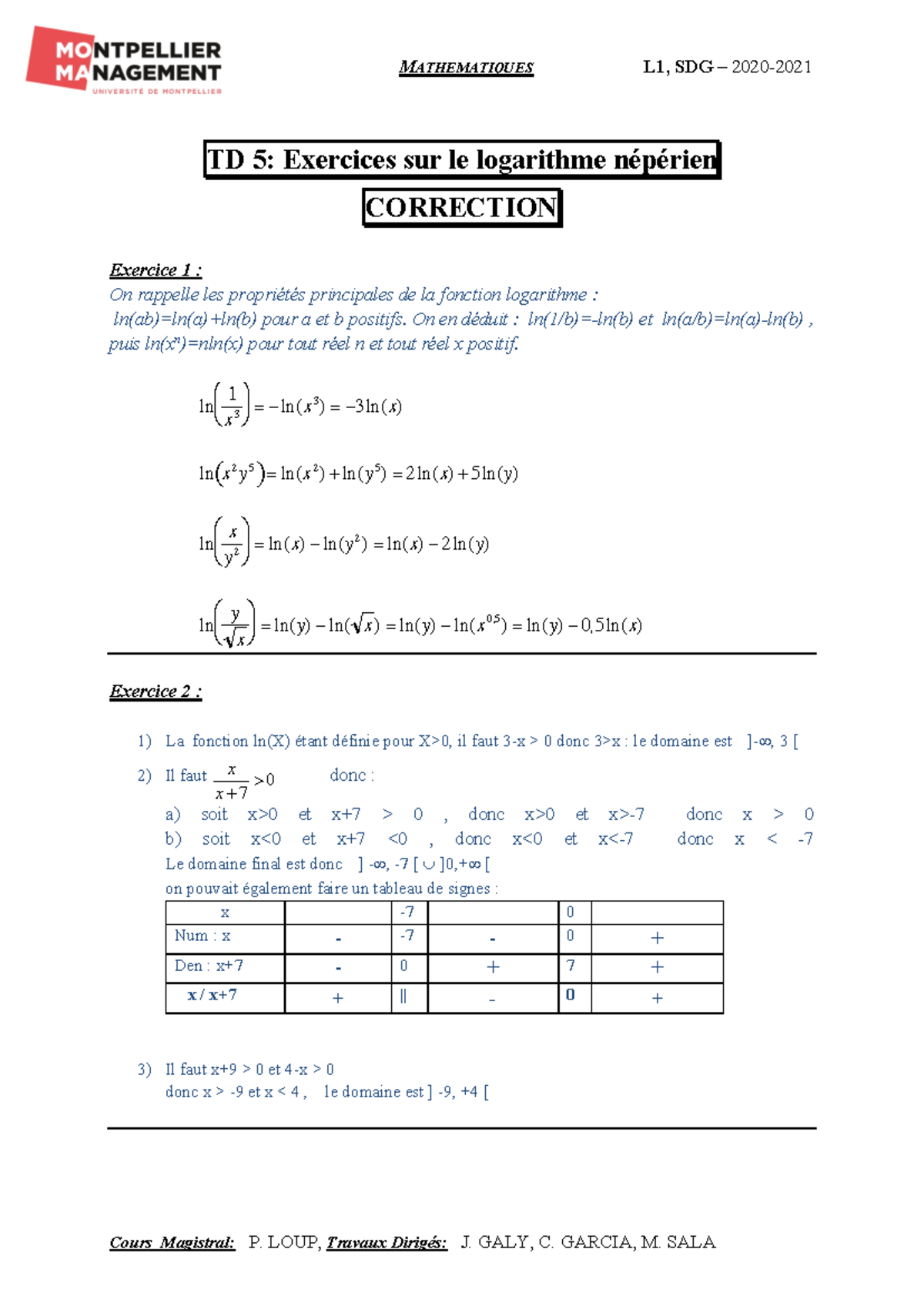 Etude de fonctions TD5 2020-2021-correction - TD 5 : Exercices sur le logarithme népérien ...