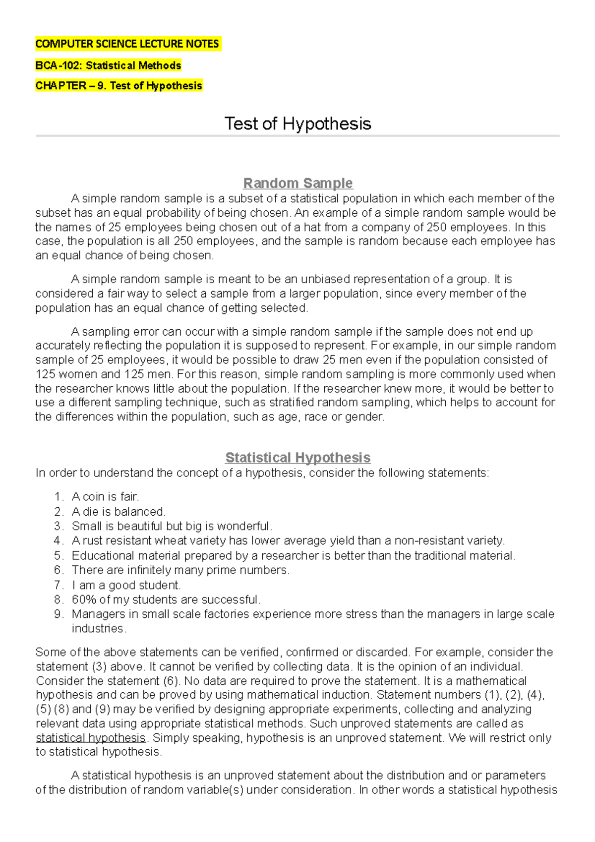 Ch 9 - test of hypothesis - COMPUTER SCIENCE LECTURE NOTES BCA-102 ...