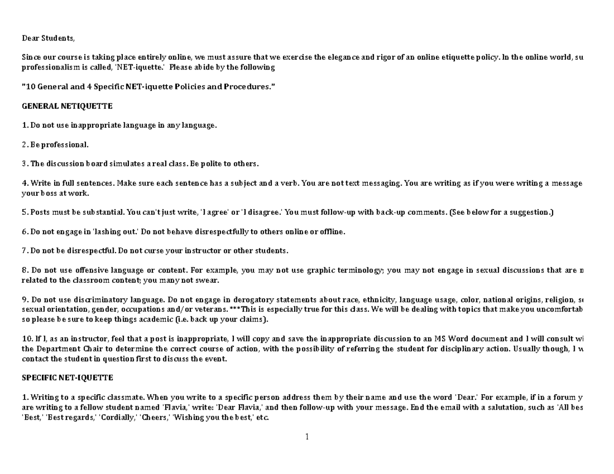 0-NET-iquette Policies and Guidelines copy - 1 Dear Students, Since our ...