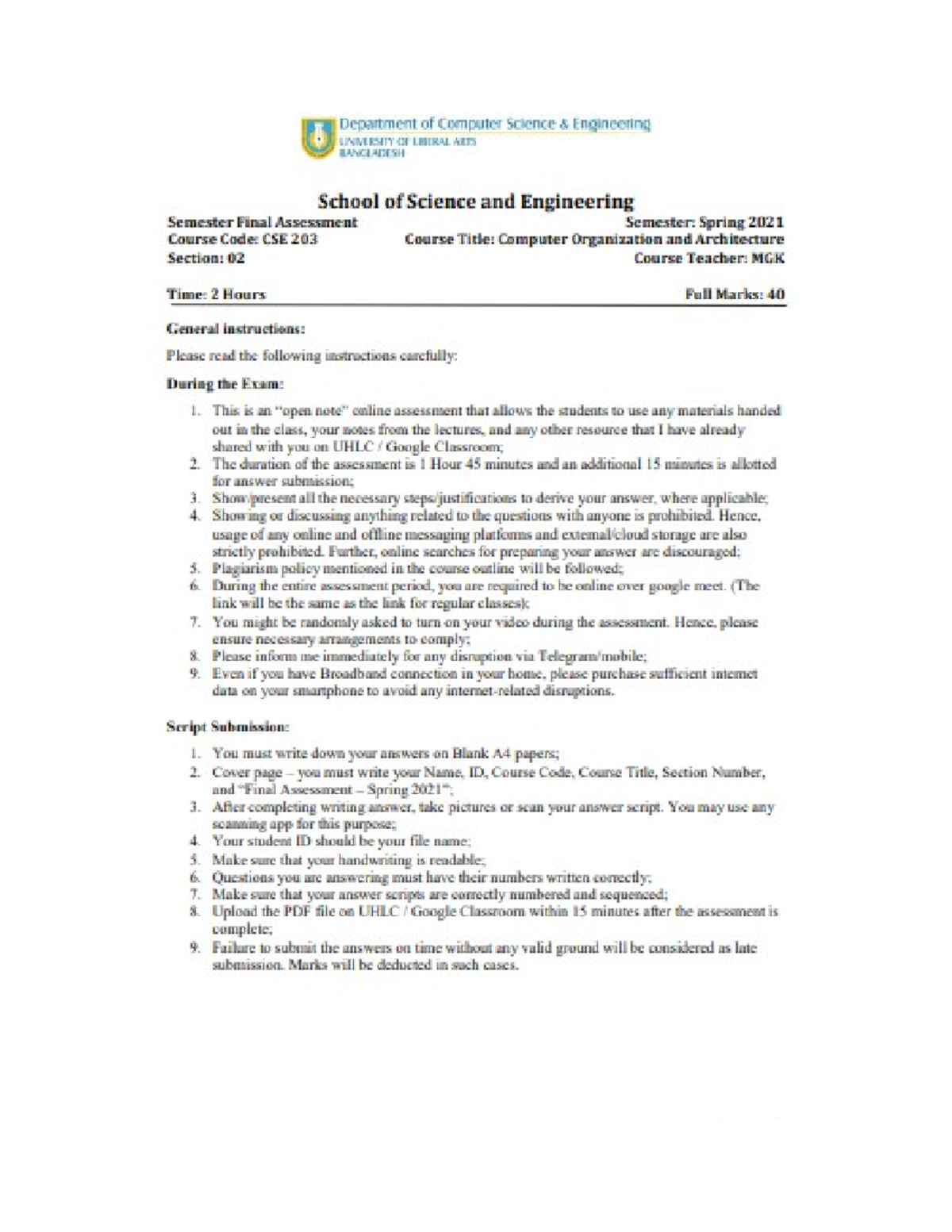 Final Spring 21 Section 2 - Computer Organization and Architecture ...
