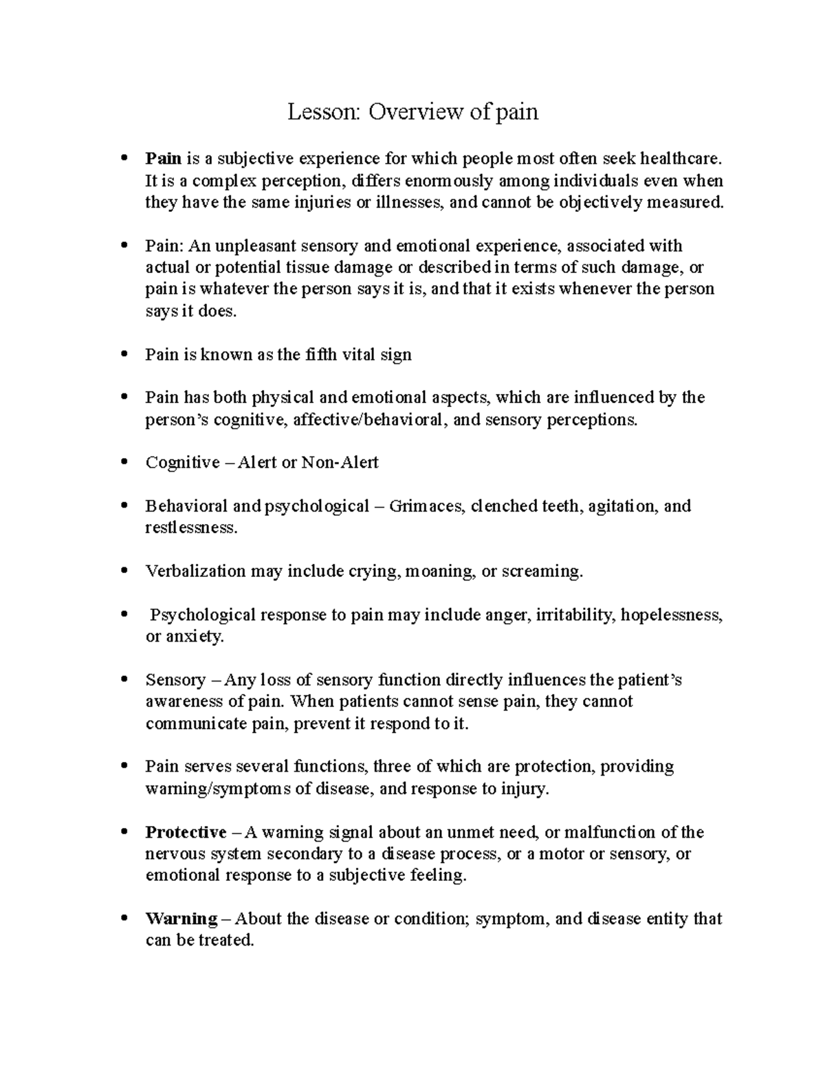 Overview of pain - Pain chapter - Lesson: Overview of pain Pain is a ...