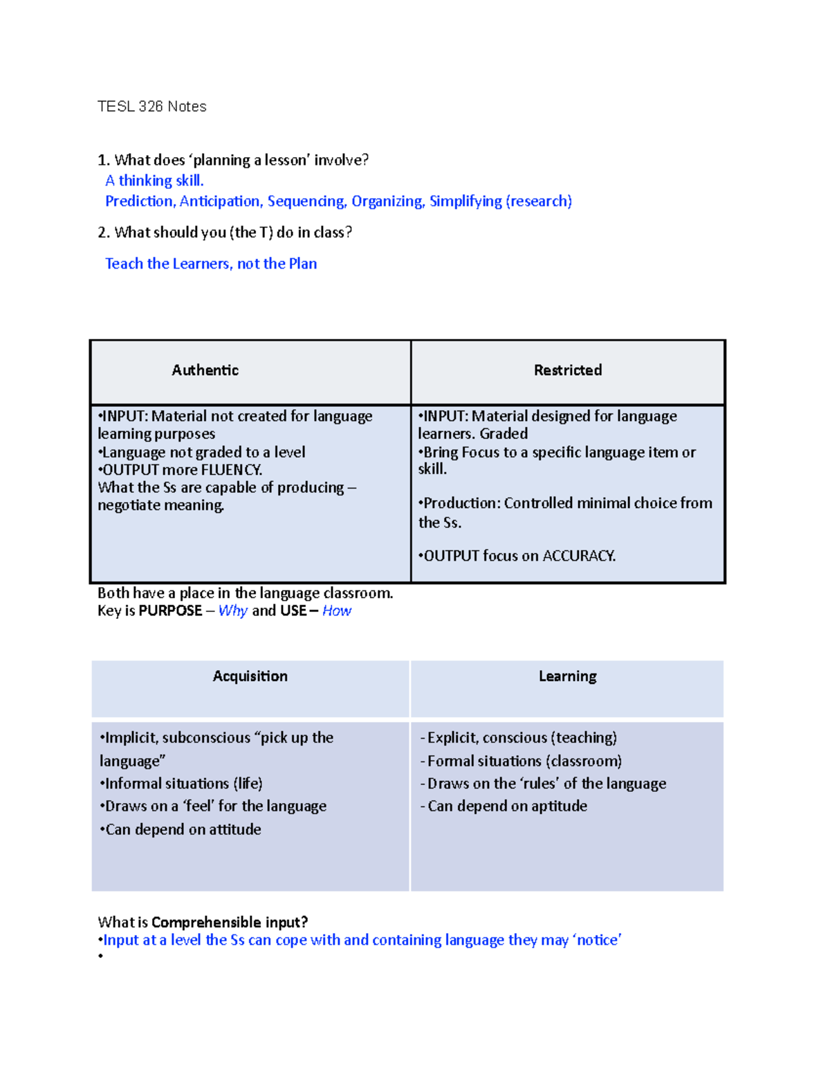 TESL 326 Notes - TESL 326 Notes What does ‘planning a lesson’ involve ...