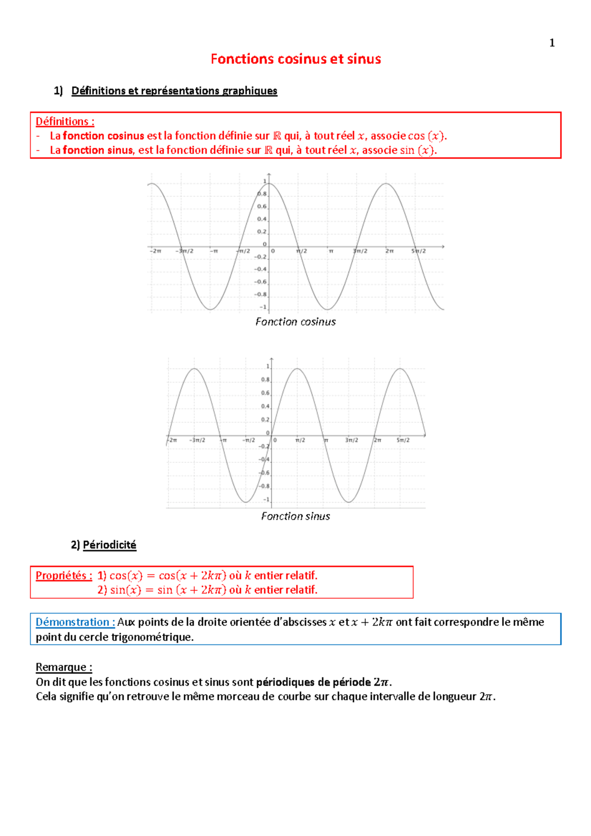 Fonctions sinus et cosinus - 1 Fonctions cosinus et sinus Définitions ...