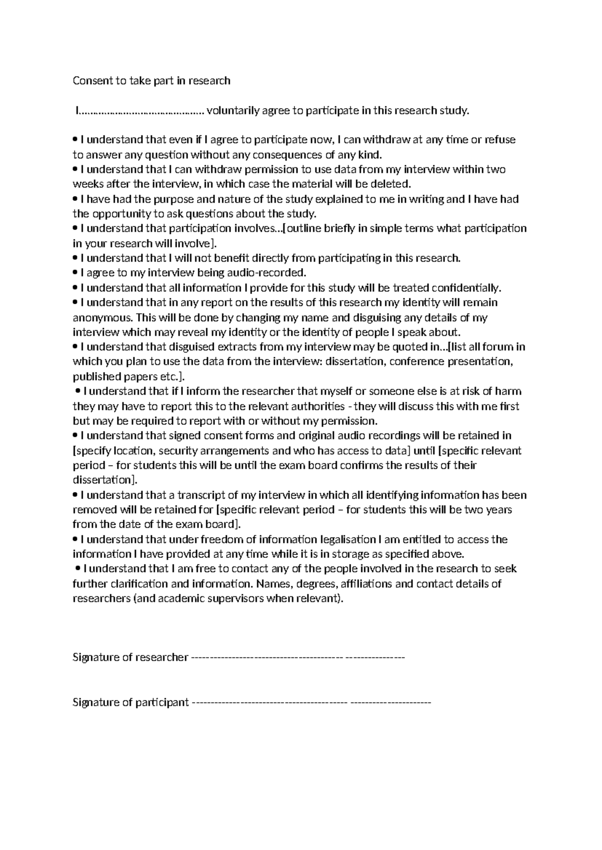 Consent to take part in research ...