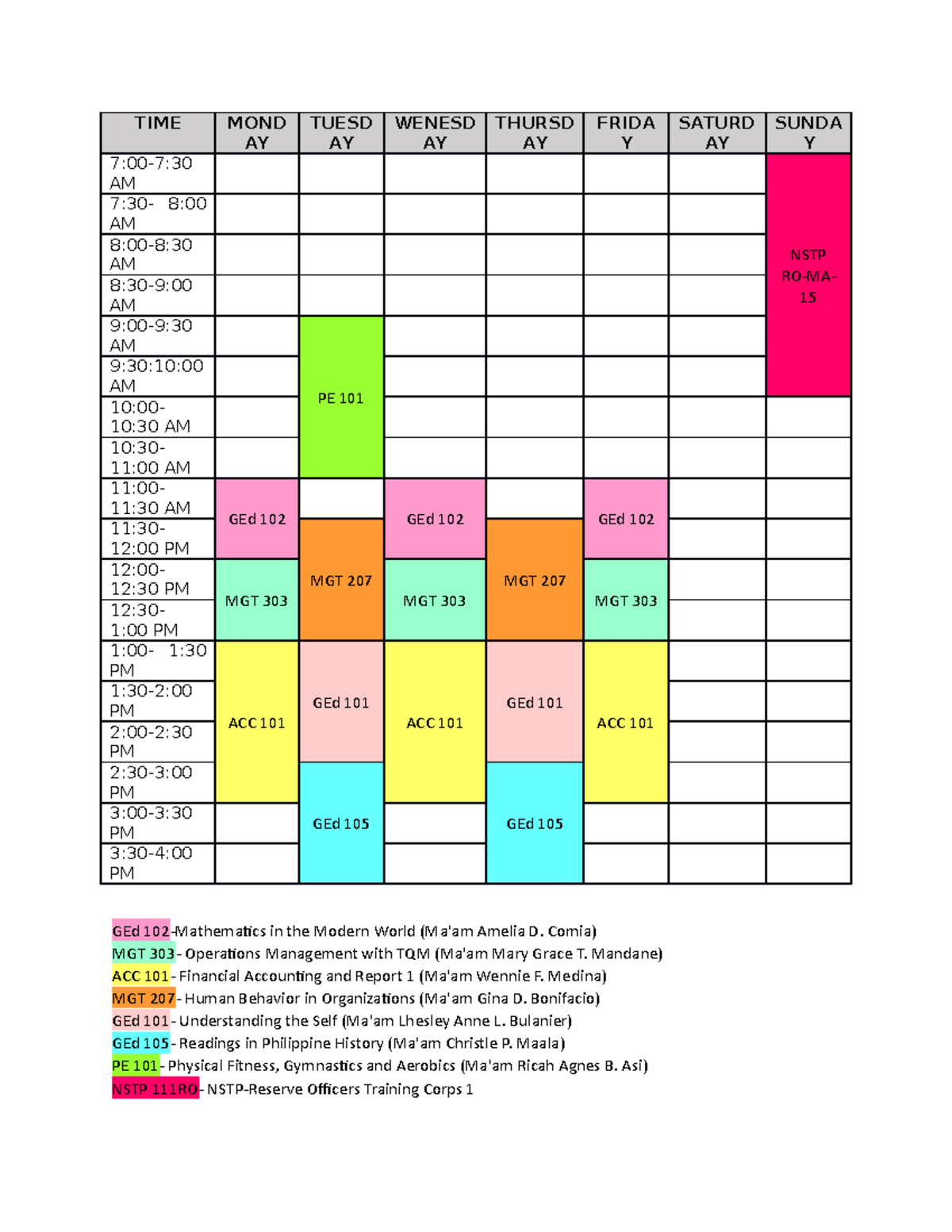 Class Sched 2020 hayys - TIME MOND AY TUESD AY WENESD AY THURSD AY ...